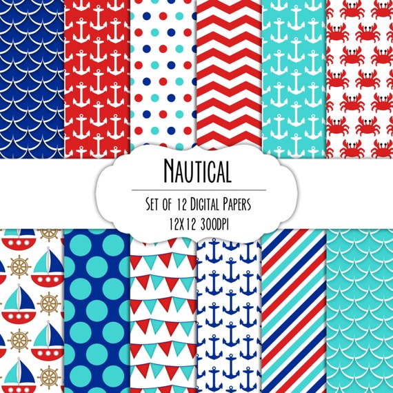 Nautical Digital Scrapbook Paper 12x12 Pack Set of 12 | Etsy