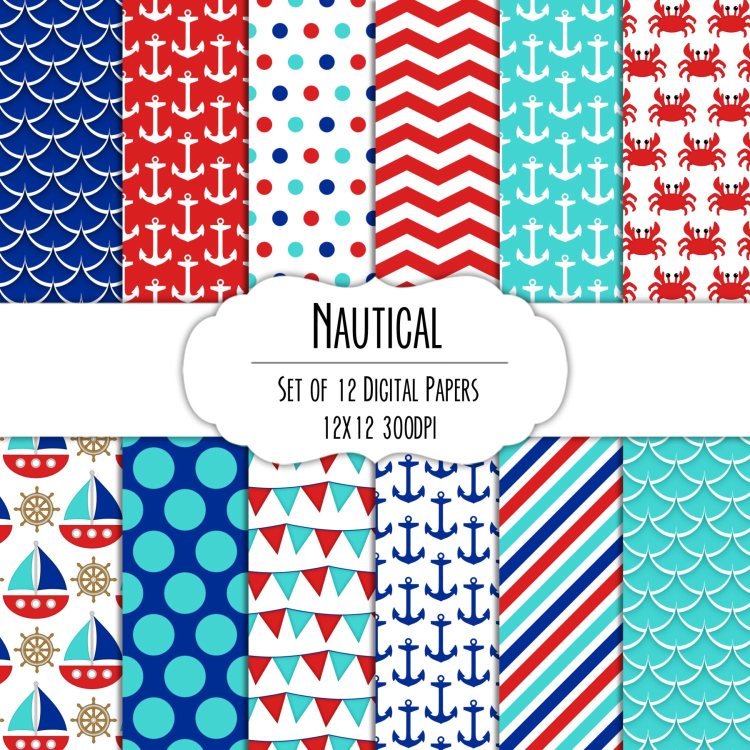 Nautical Digital Scrapbook Paper 12x12 Pack Set of 12 Anchor, Sailboat ...