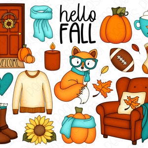 Hello Fall Clipart Set - Hand Drawn Digital Clipart - Fox, Pumpkins ...