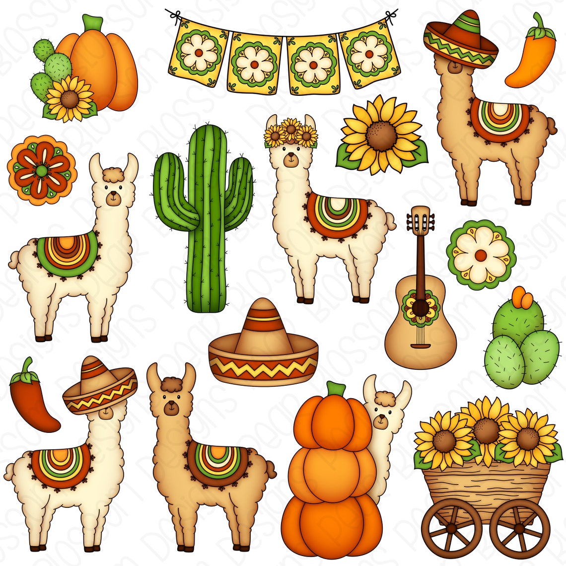 Fall Llamas Hand Drawn Digital Clipart Set of 18 Autumn - Etsy