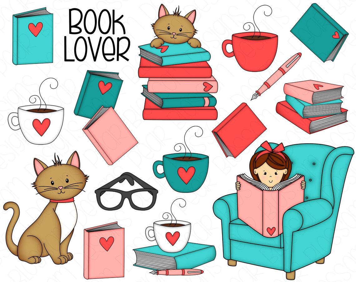 Book Lover Hand Drawn Digital Clipart Set of 16 Coffee | Etsy