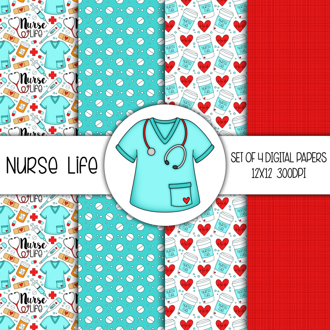 Nurse Life Hand Drawn Digital Paper Mini Pack - Set of 4 - Scrubs ...