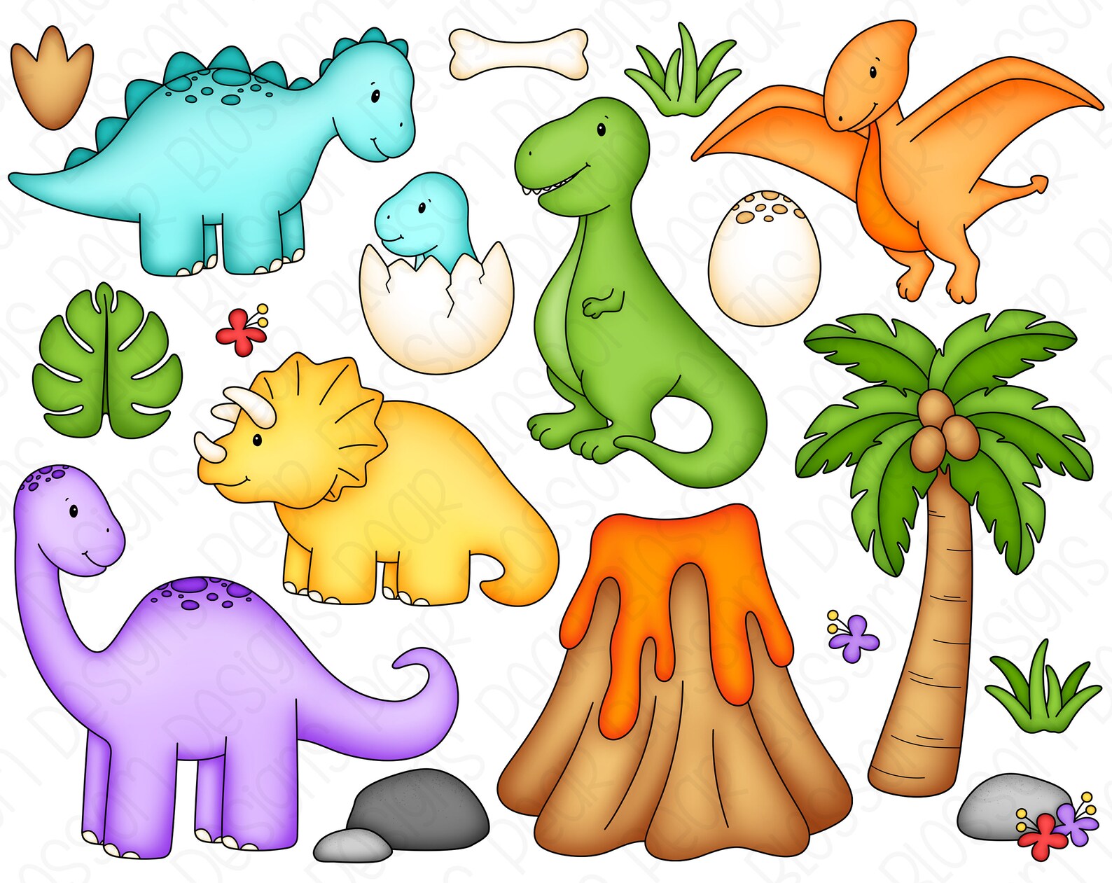 Dinosaurs Clipart Set - Hand Drawn Digital Clipart - Brontosaurus, T ...