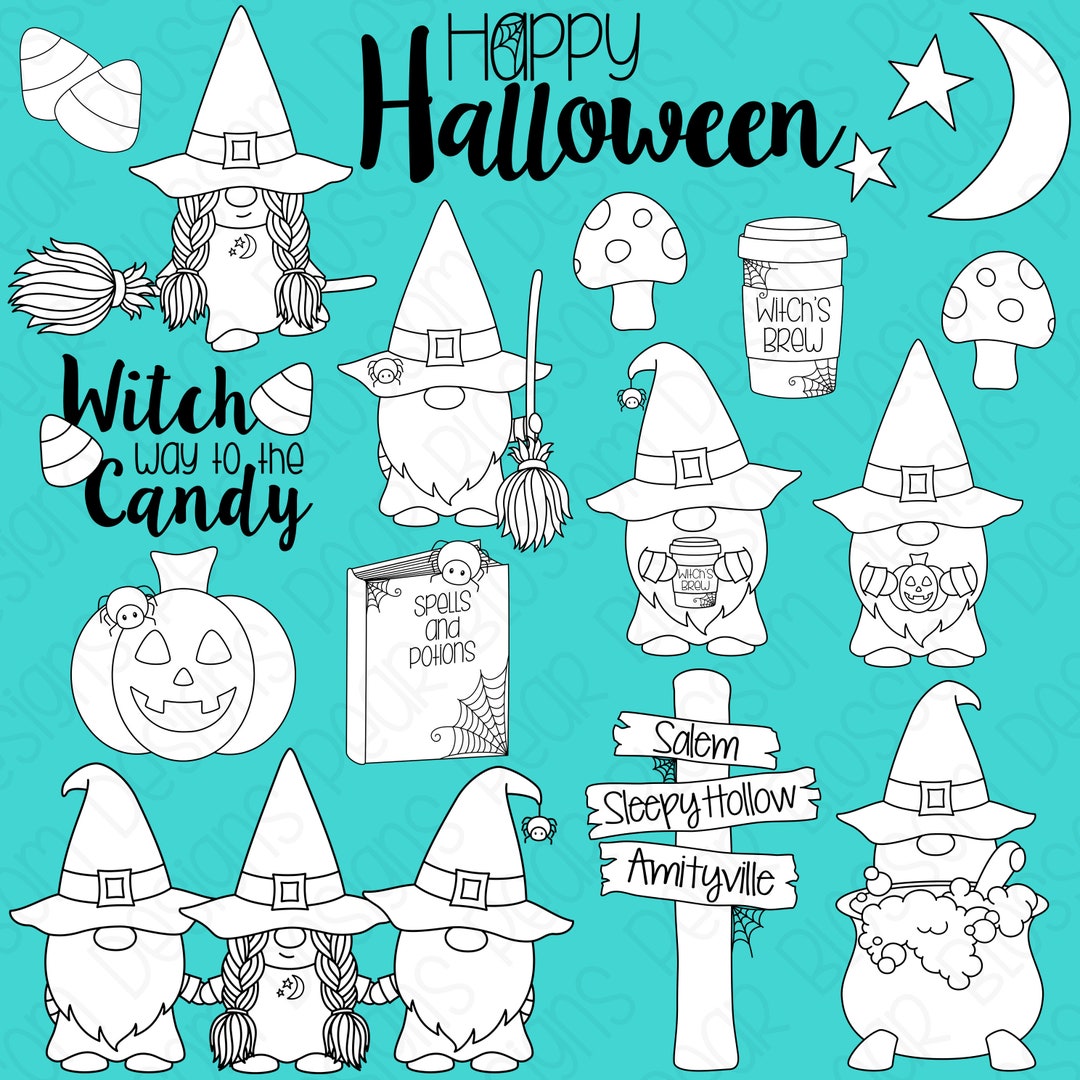 Halloween Gnome Witches Digital Stamps, Digistamps, Clipart - Instant ...