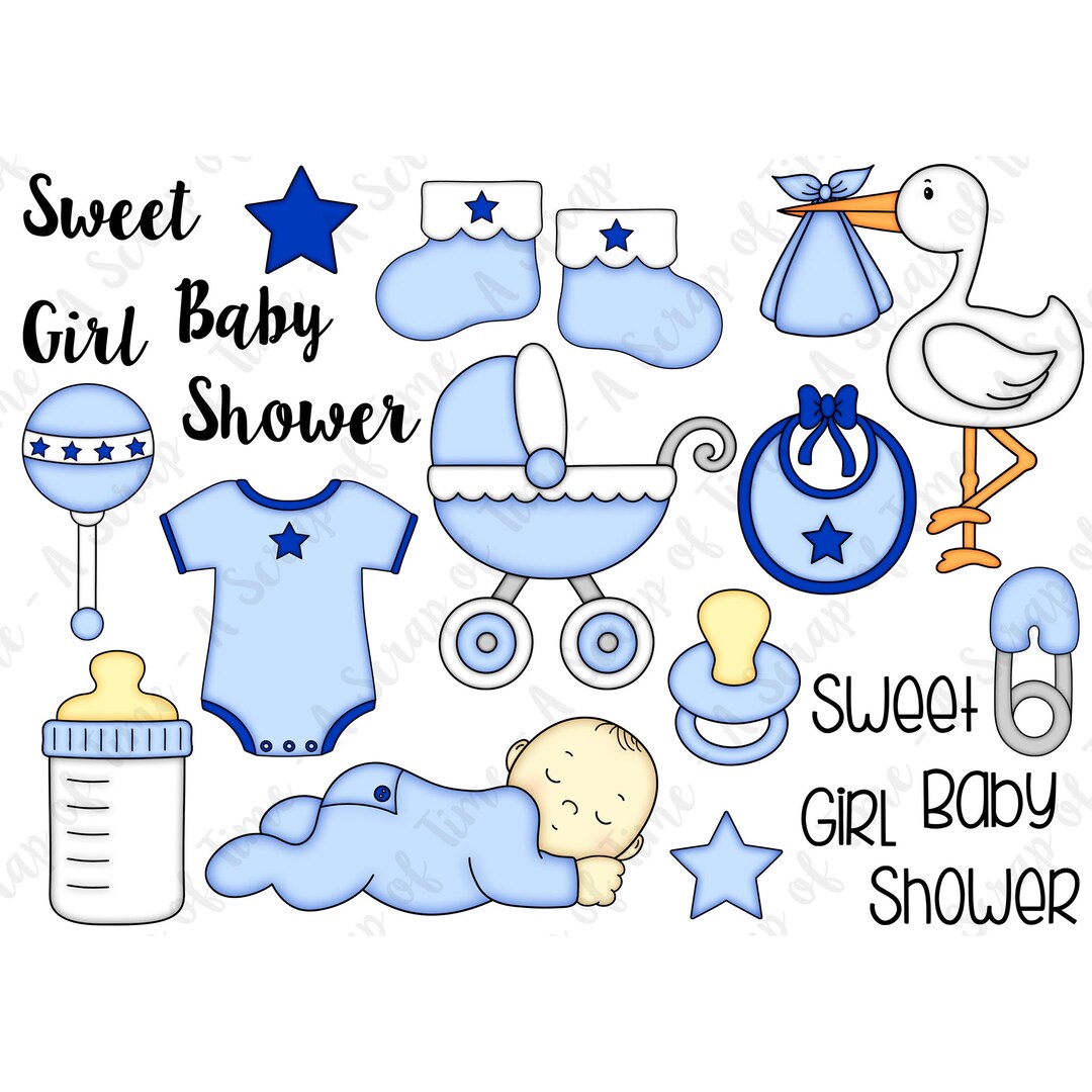 Baby Boy Hand Drawn Digital Clipart - Set of 21 - Stork, Pacifier ...