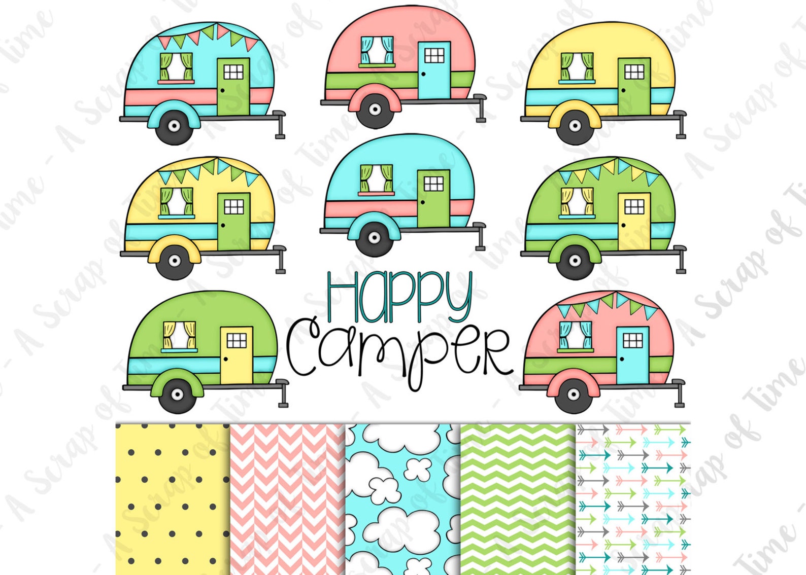 Happy Camper Hand Drawn Digital Clipart & Paper Set of 14 - Etsy