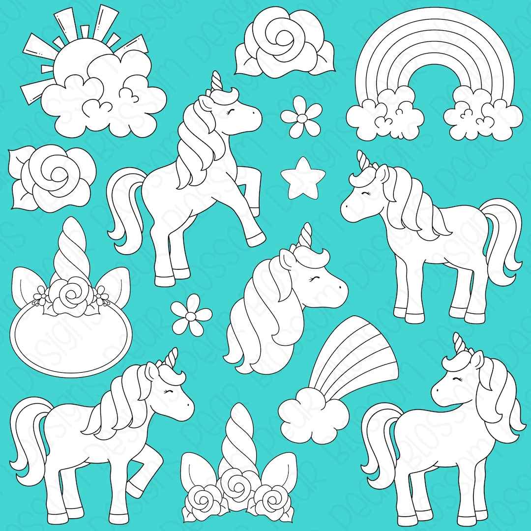 Unicorns and Rainbows Digital Stamps, Digistamps, Clipart - Instant ...