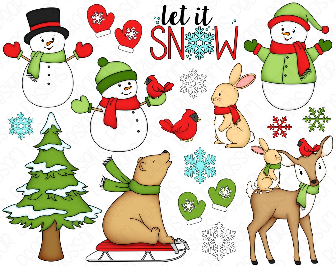 Winter Fun Hand Drawn Digital Clipart - Set of 19 - Snowman Woodland ...