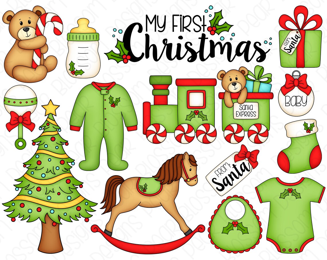 Baby's First Christmas Clipart Set - Hand Drawn Digital Clipart ...