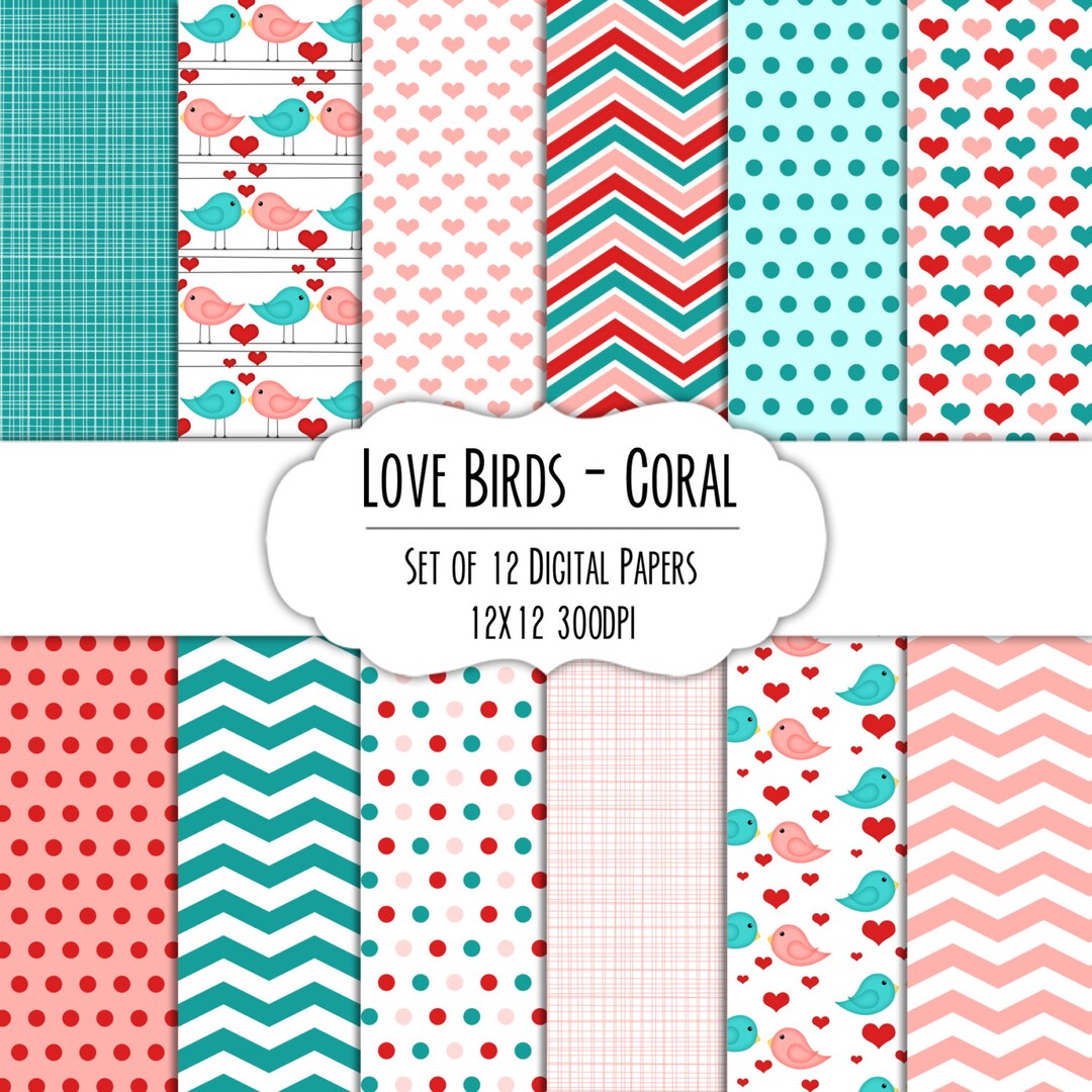 Love Birds Coral Valentine Digital Scrapbook Paper 12x12 Pack - Set of ...