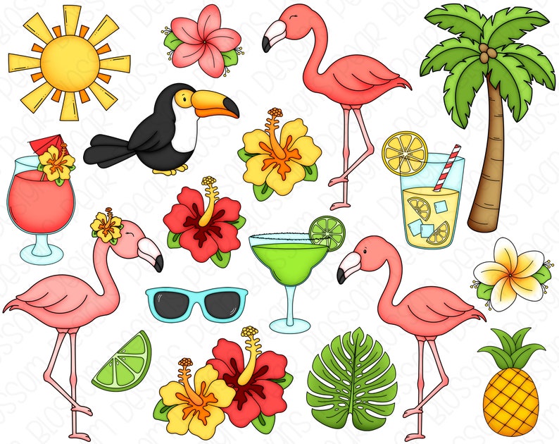 Tropical Summer Digital Clipart - Set of 18 - Flamingo, Toucan, Palm ...