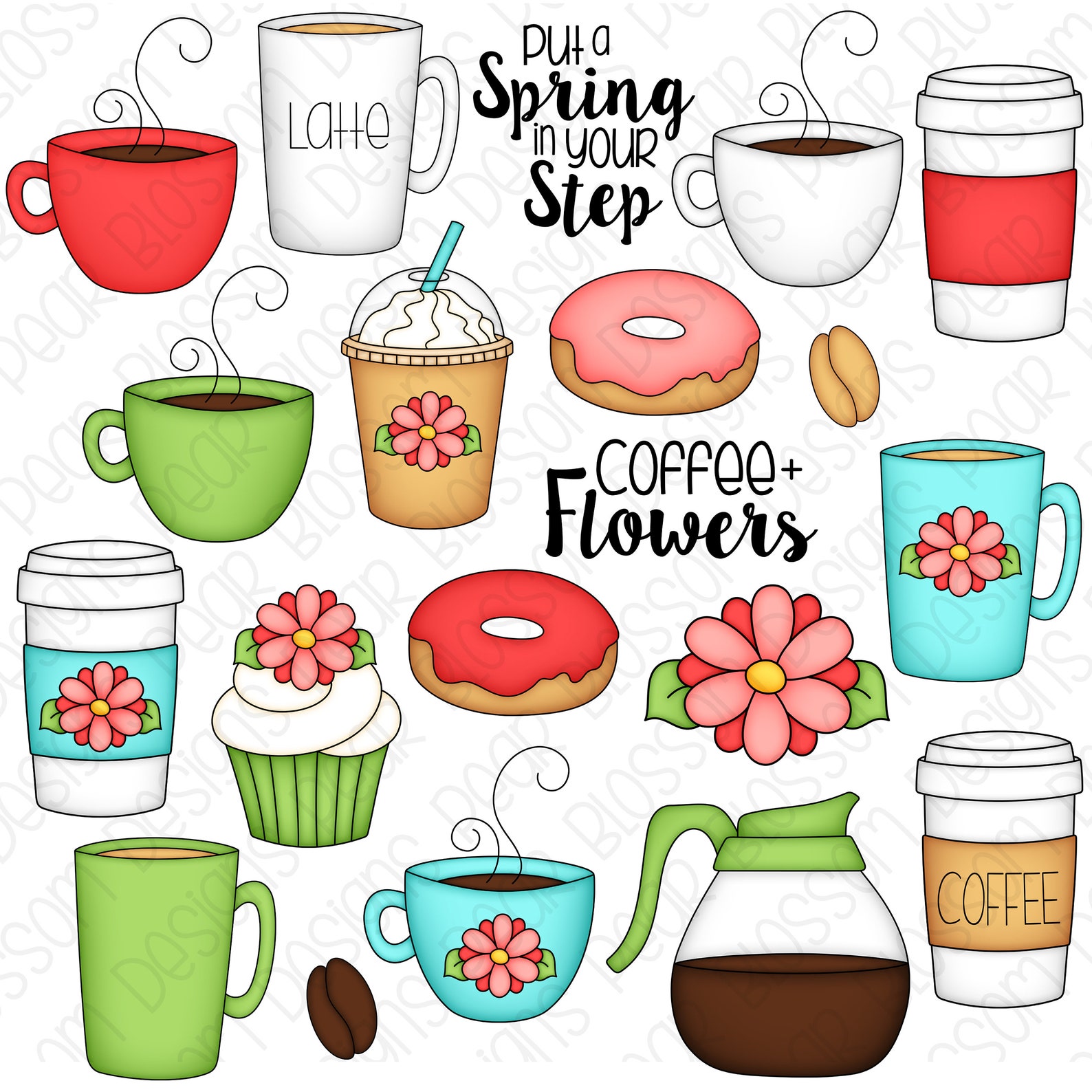Spring Coffee Clipart Set Hand Drawn Digital Clipart - Etsy