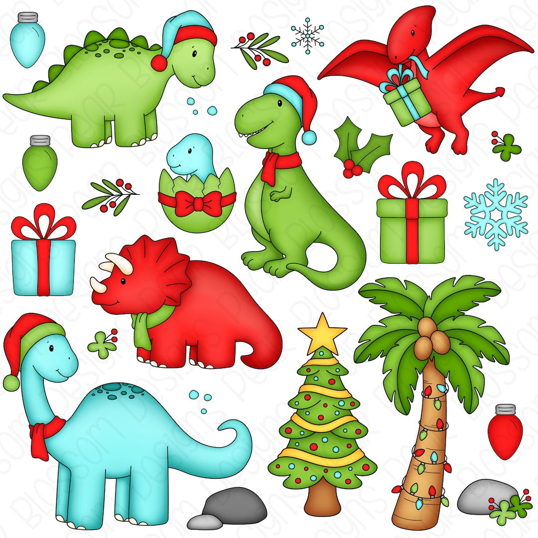 Christmas Dinosaurs Clipart Set - Hand Drawn Digital Clipart - Item ...