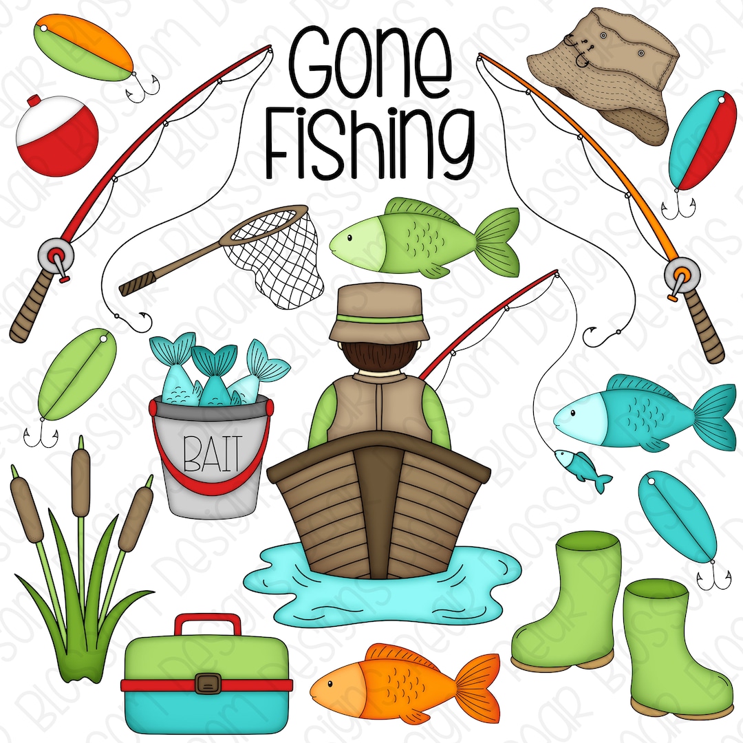 Gone Fishing Digital Clipart - Set of 19 - Fisherman, Galoshes, Fishing ...