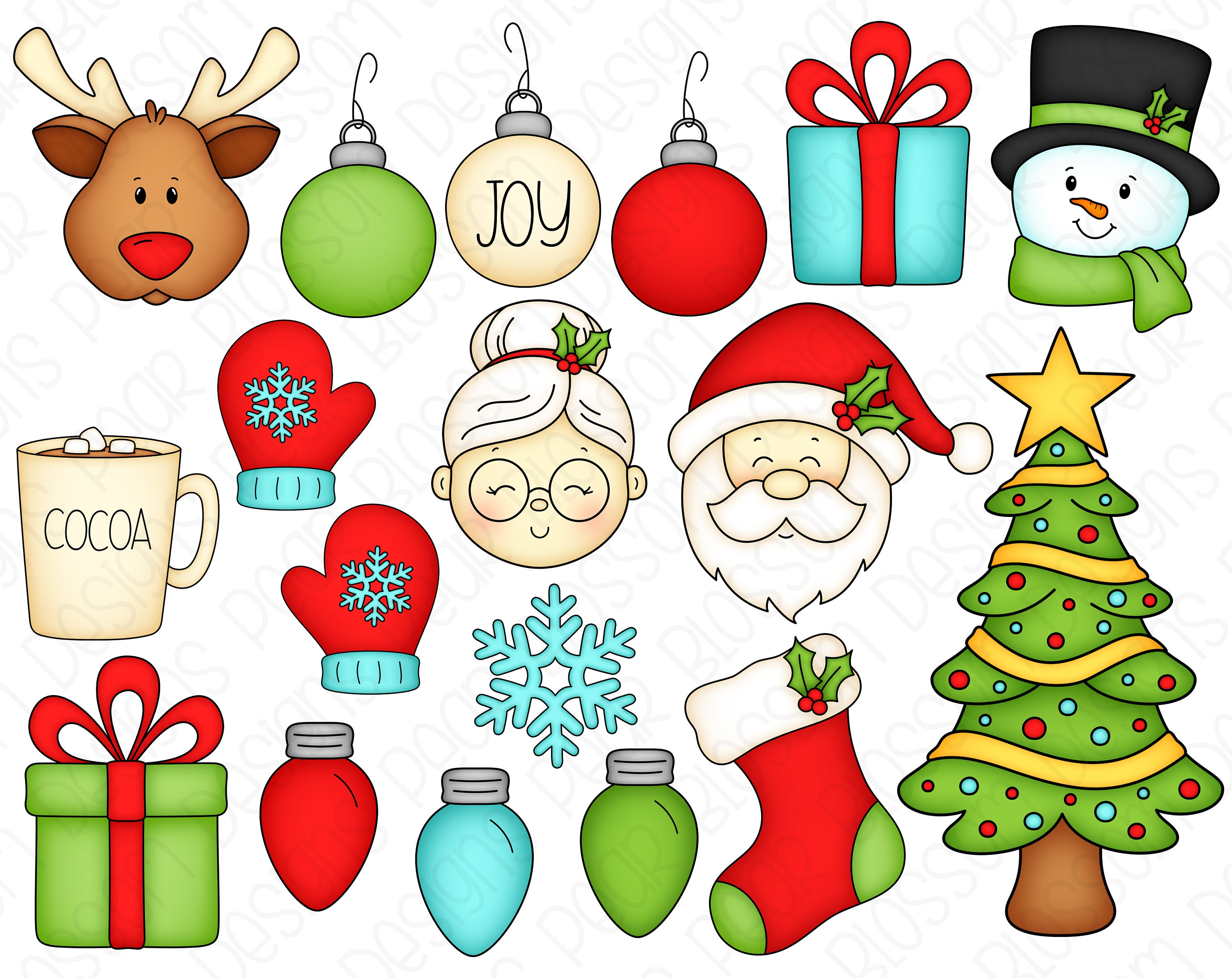 Christmas Icons Hand Drawn Digital Clipart - Set of 18 - Santa, Mrs ...