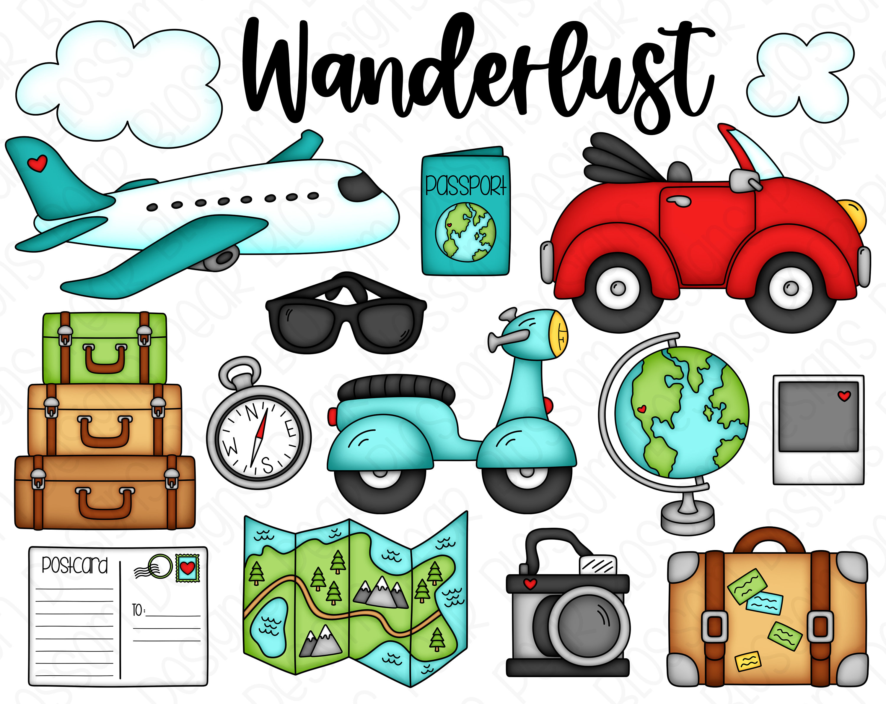 Wanderlust Travel Vacation Clipart Set - Hand Drawn Digital Clipart ...
