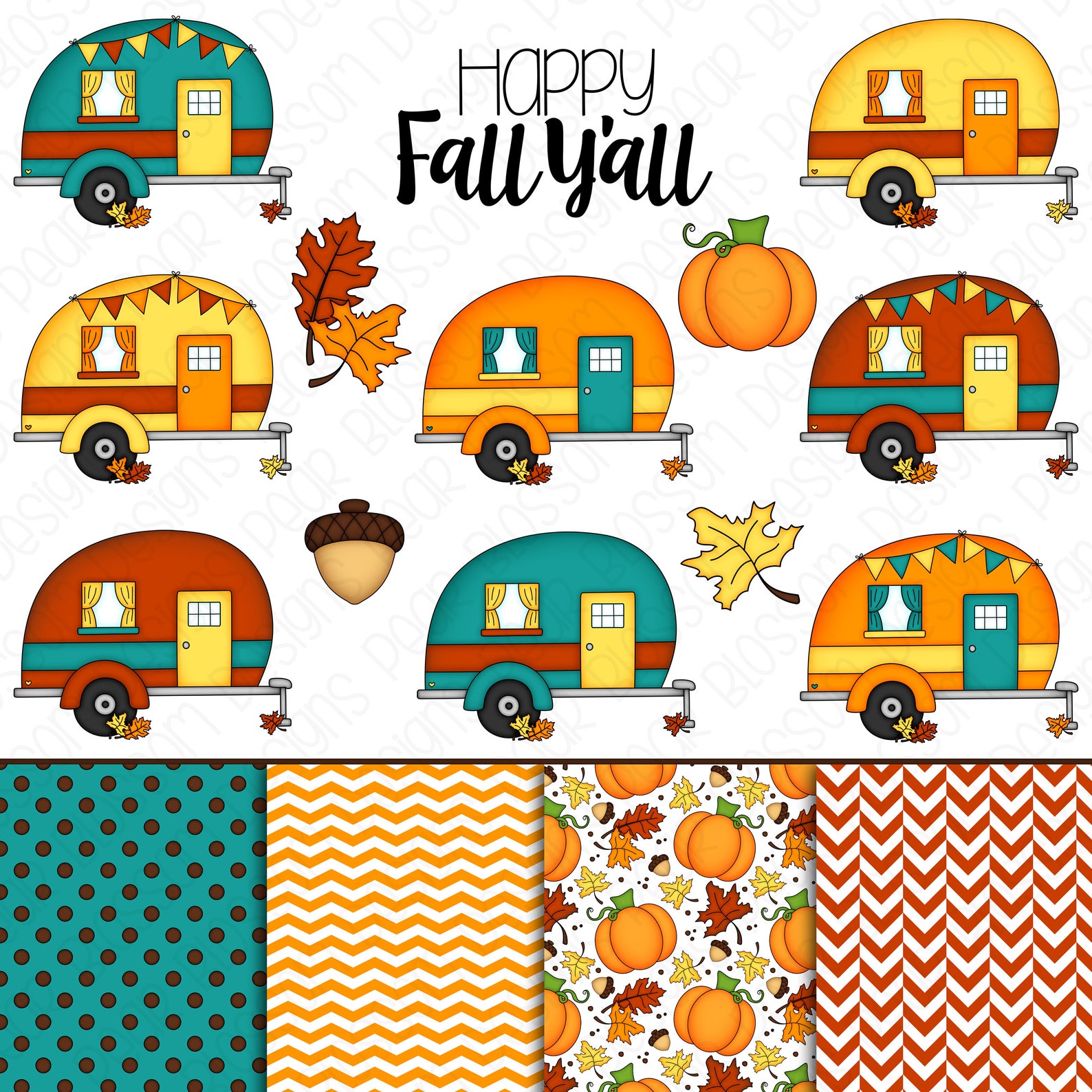 Fall Campers Hand Drawn Digital Clipart & Paper Set of 17 | Etsy