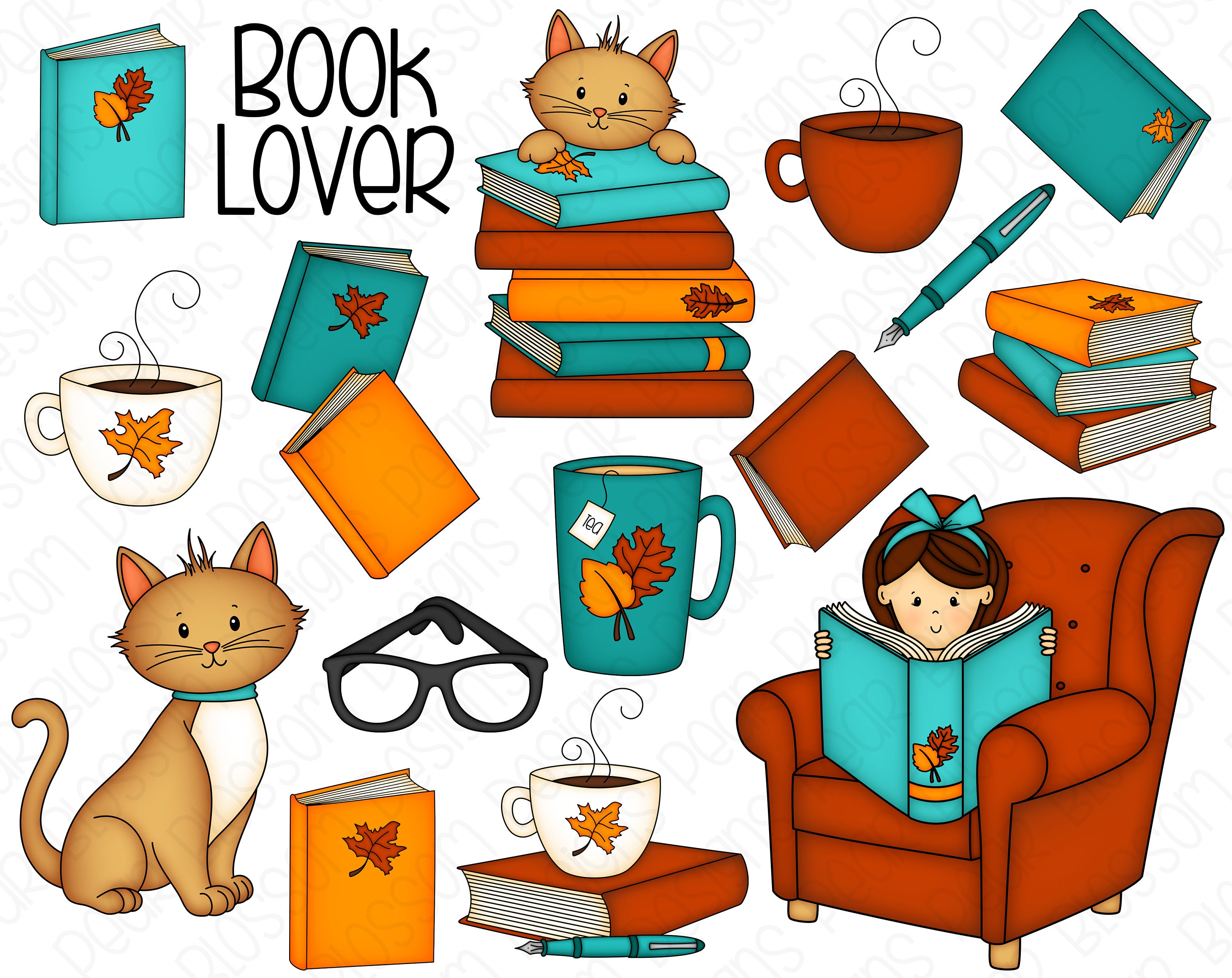 Fall Book Lover Hand Drawn Digital Clipart Set of 16 | Etsy