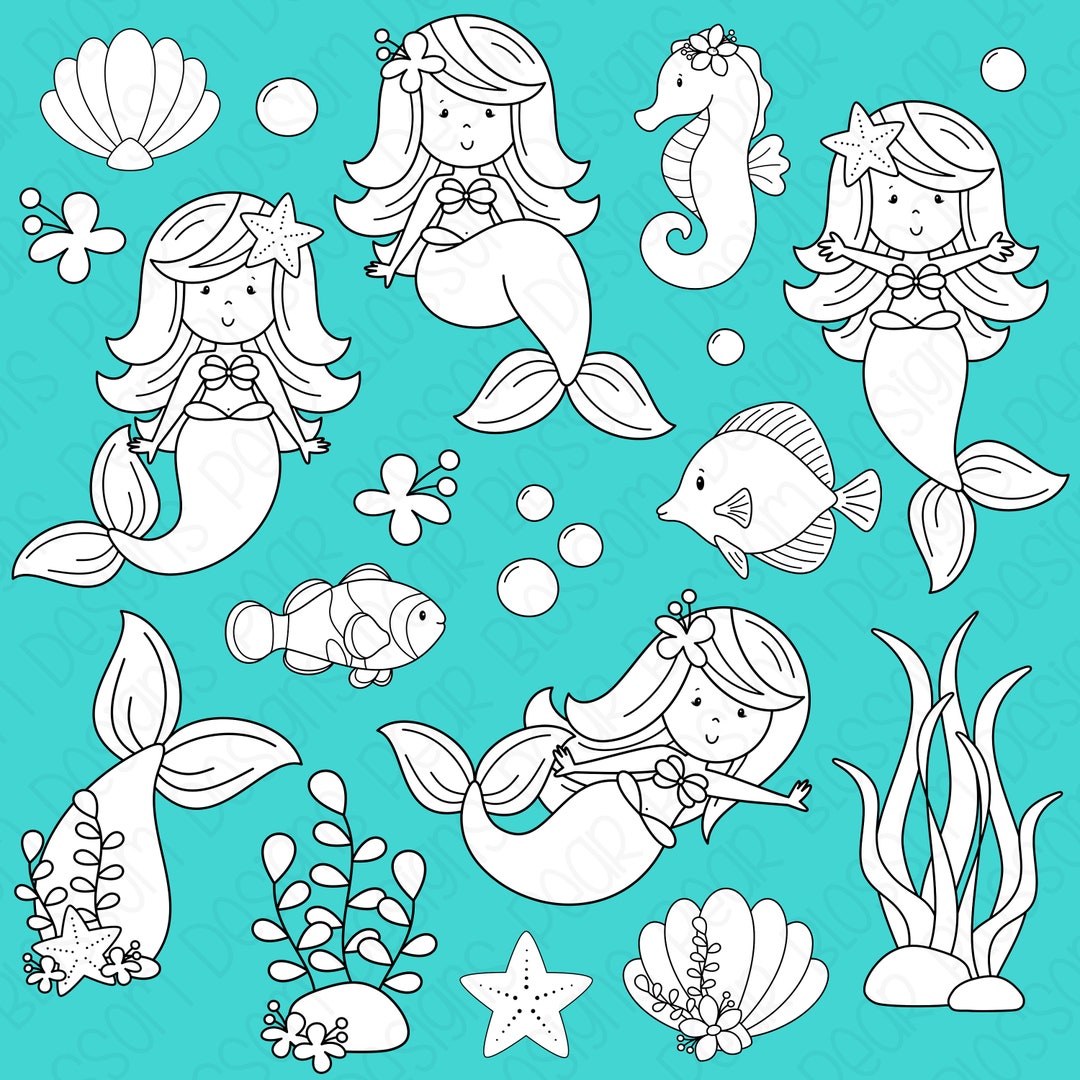 Under the Sea Mermaid Digital Stamps, Digistamps, Clipart - Instant ...
