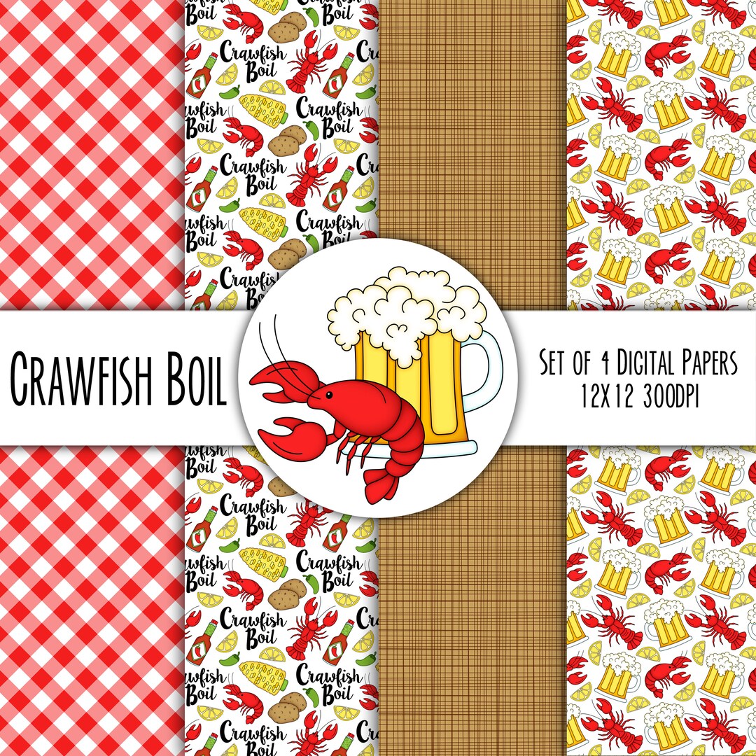 Crawfish Boil Hand Drawn Digital Paper Mini Pack - Set of 4 - Crawfish ...