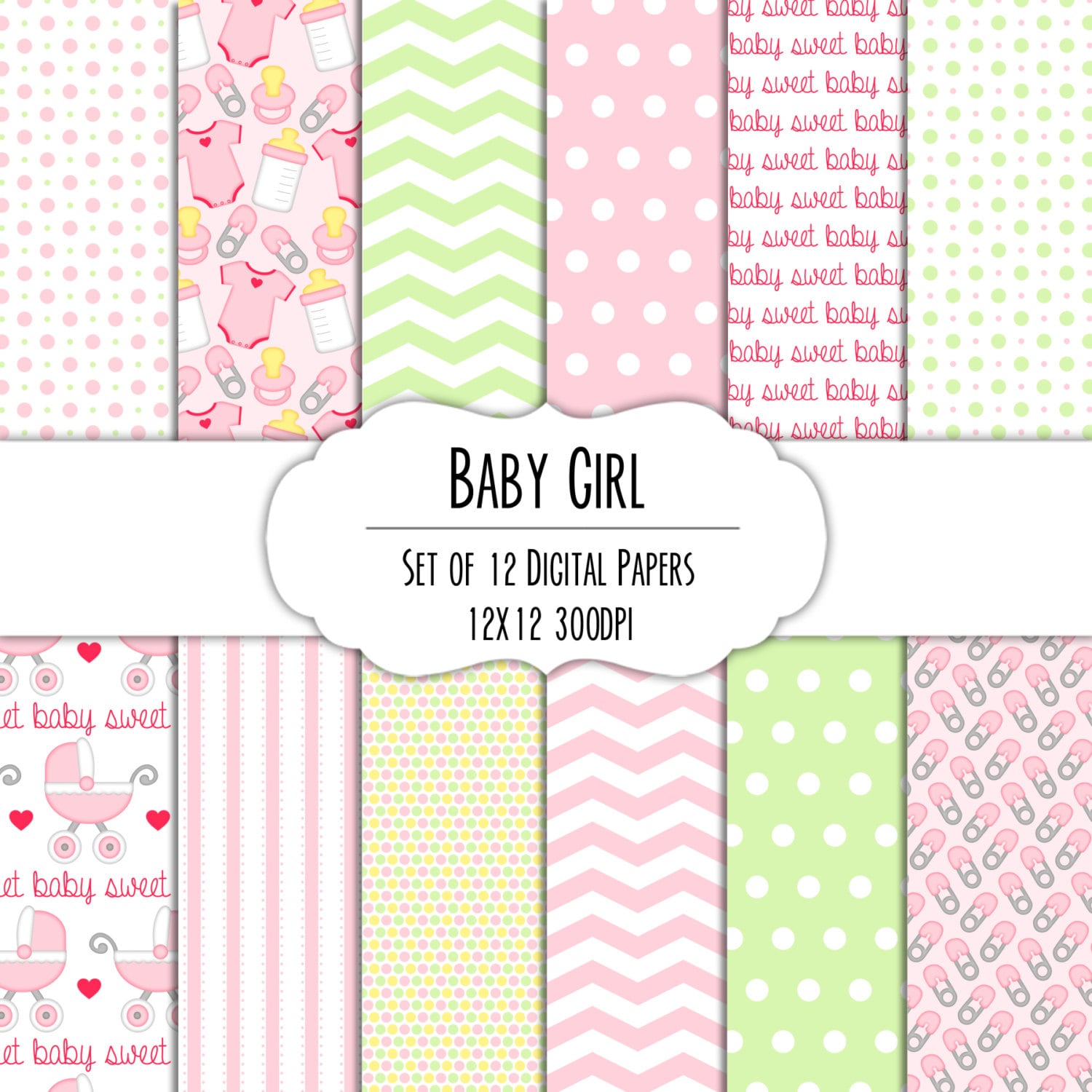 Baby Girl Digital Scrapbook Paper 12x12 Pack Set of 12 - Etsy
