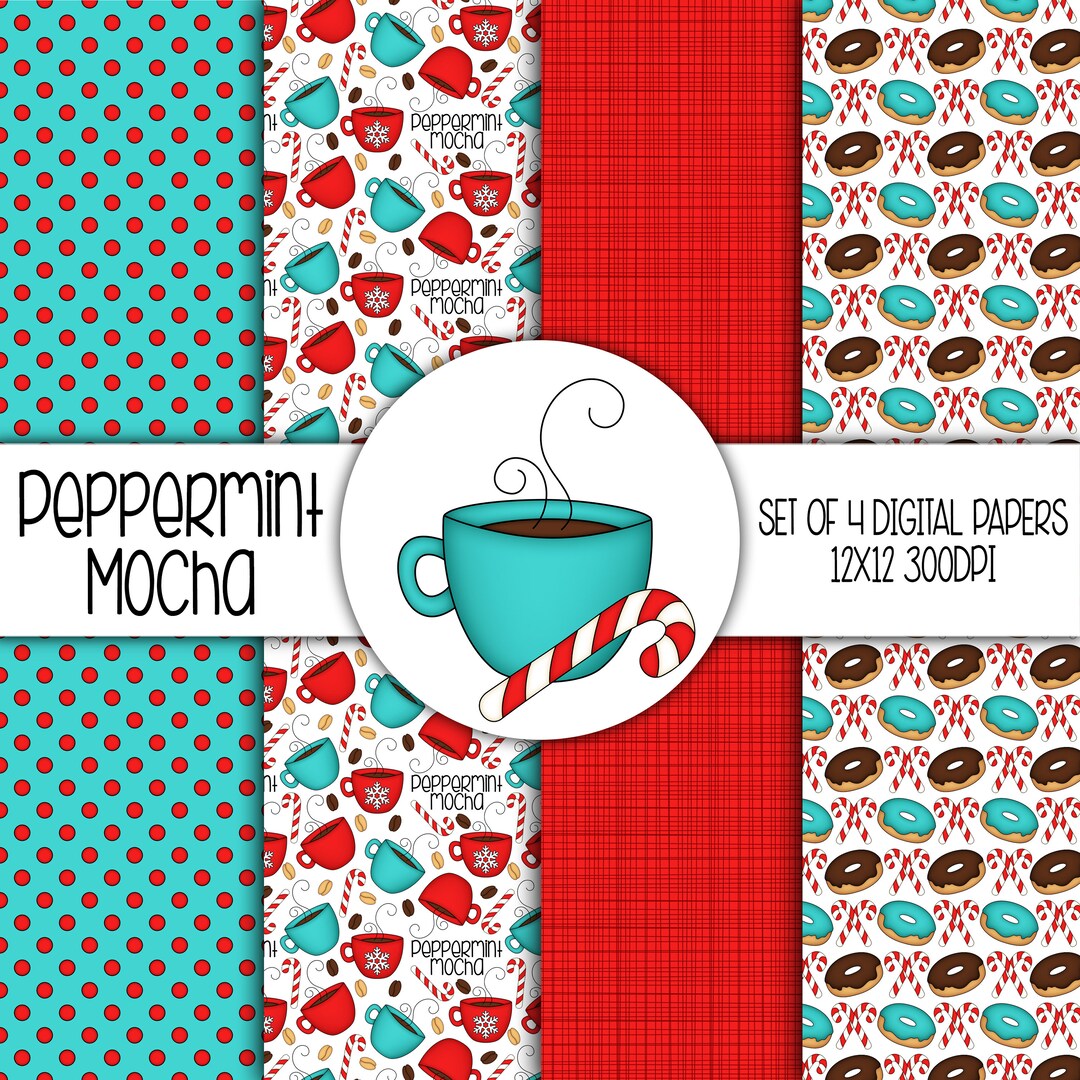 Peppermint Mocha Coffee Hand Drawn Digital Paper Mini Pack - Set of 4 ...
