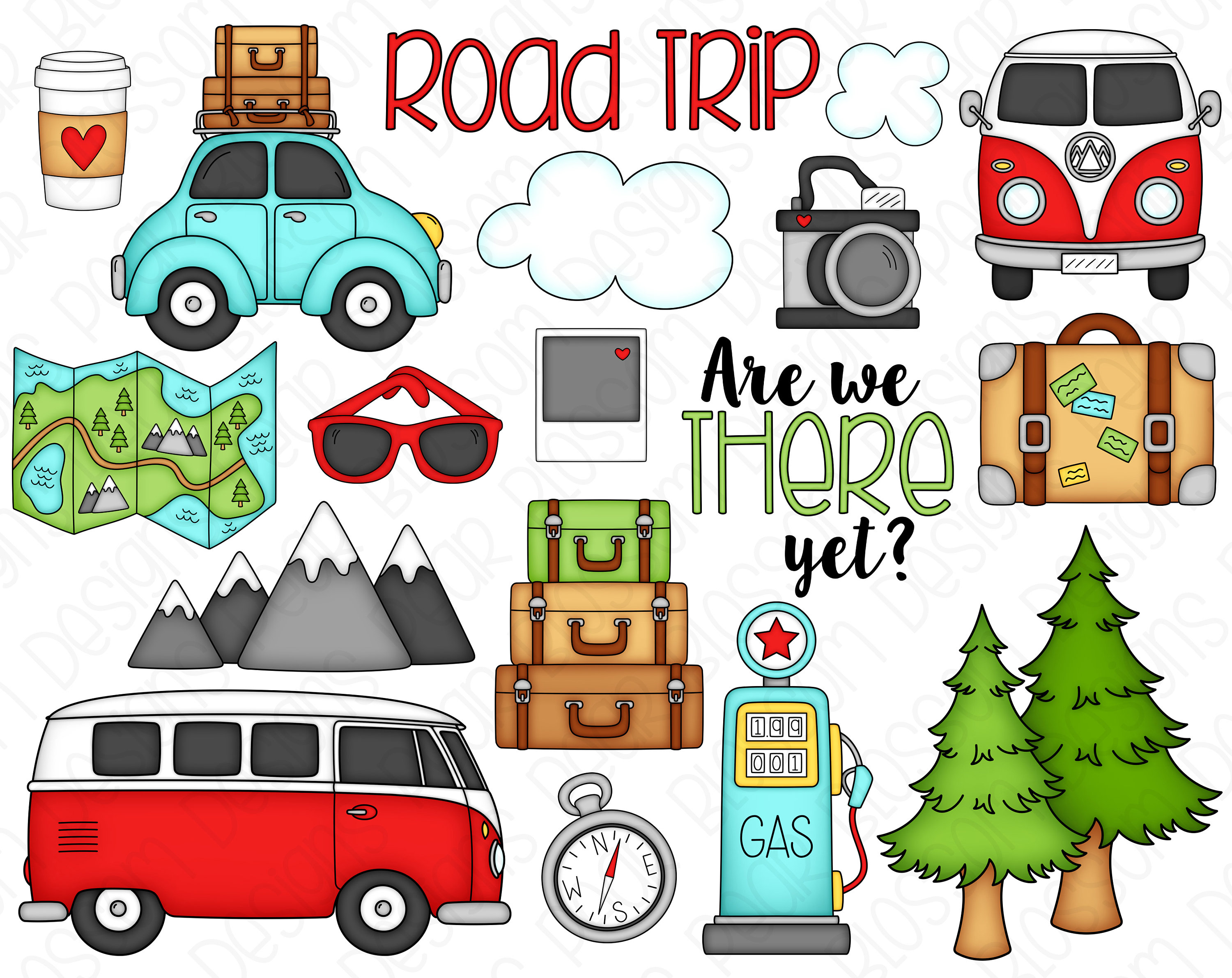 Road Trip Clipart Set Hand Drawn Digital Clipart Camper | Etsy