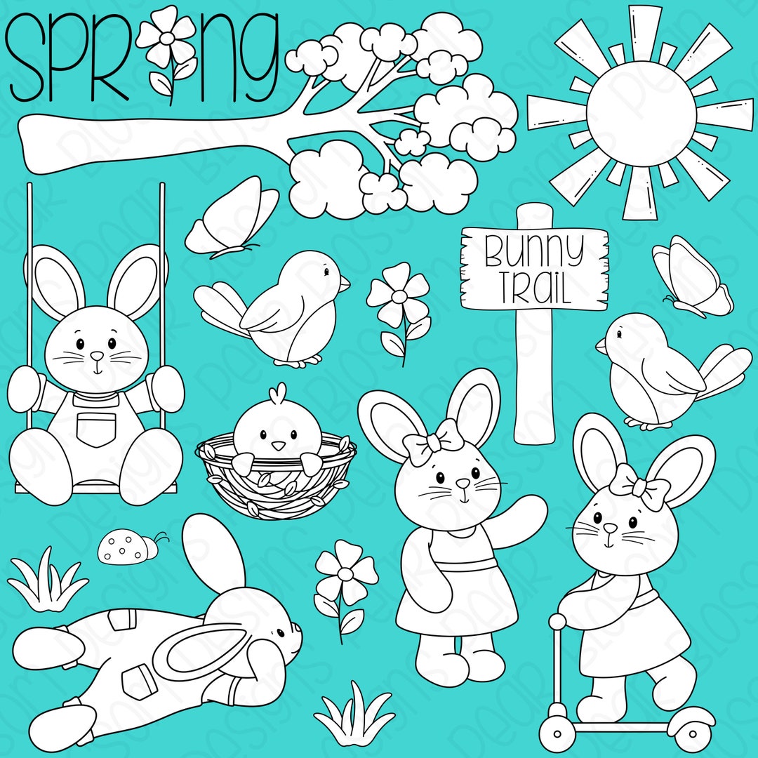 Spring Bunnies - Hand Drawn - Digital Stamps, Digistamps, Clipart ...