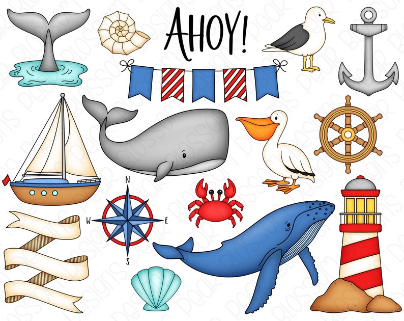 Nautical Clipart Set - Hand Drawn Digital Clipart - Whale, Lighthouse ...