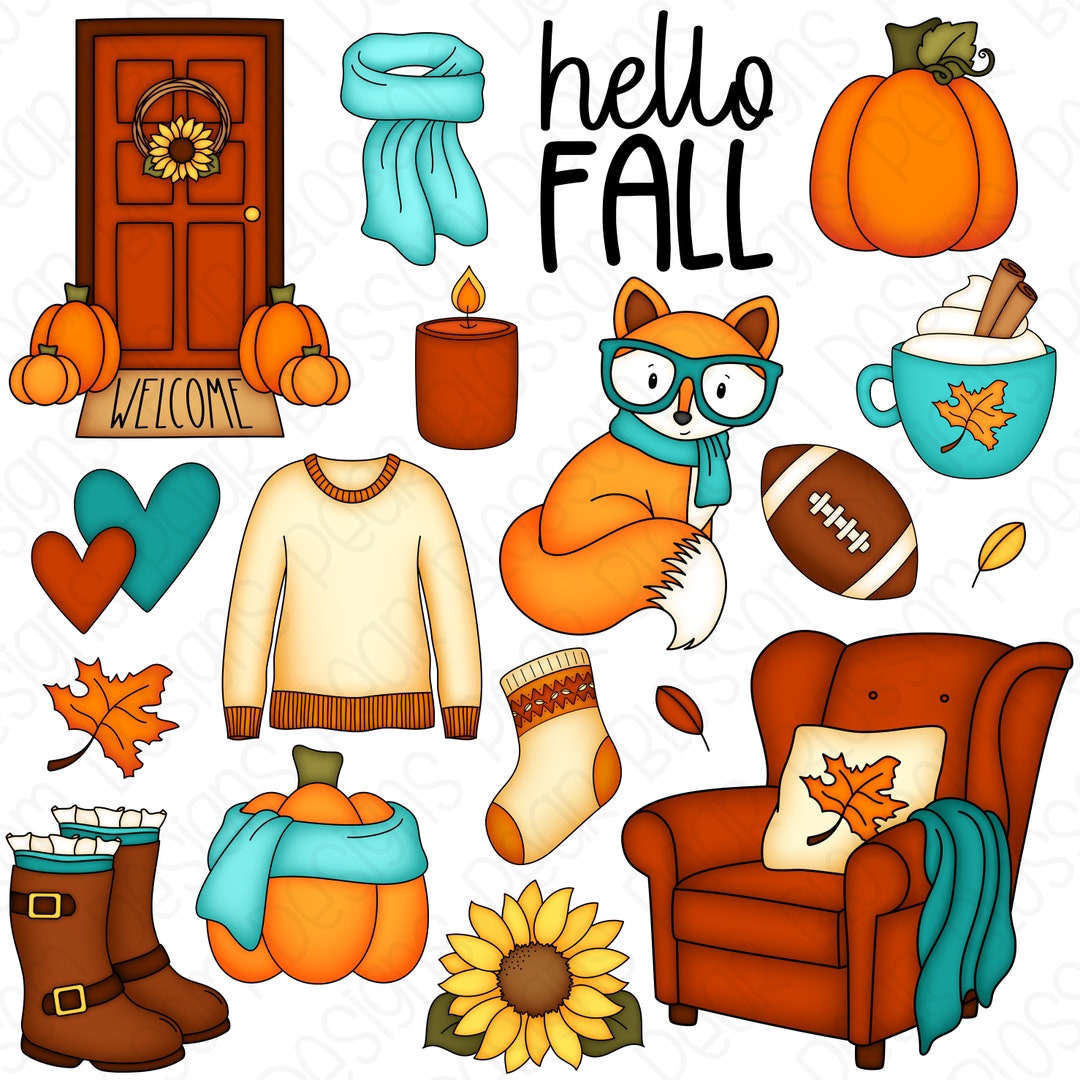 Hello Fall Clipart Set - Hand Drawn Digital Clipart - Fox, Pumpkins ...