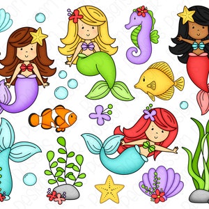 Under the Sea Mermaid Clipart Set - Hand Drawn Digital Clipart - Item ...