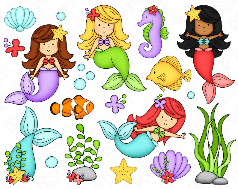 Under the Sea Mermaid Clipart Set Hand Drawn Digital Clipart | Etsy