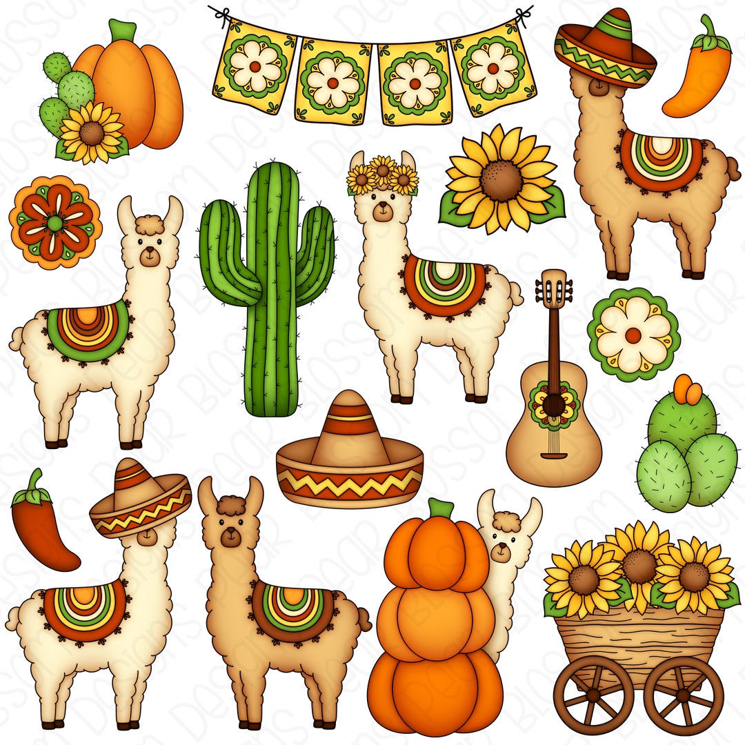 Fall Llamas Hand Drawn Digital Clipart - Set of 18 - Autumn Llamas ...