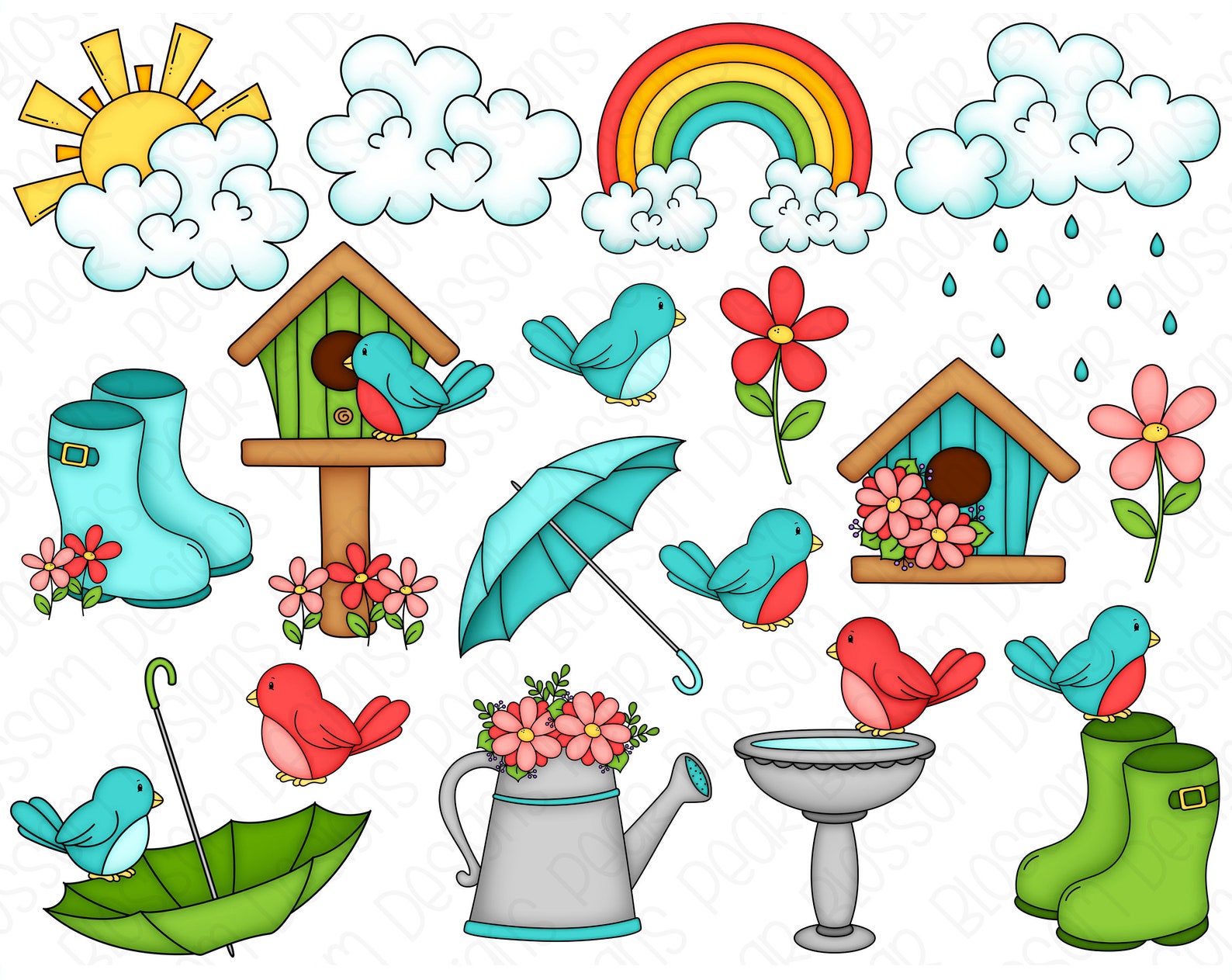 April Showers Clipart Set - Hand Drawn Digital Clipart - Rain, Rainbow ...