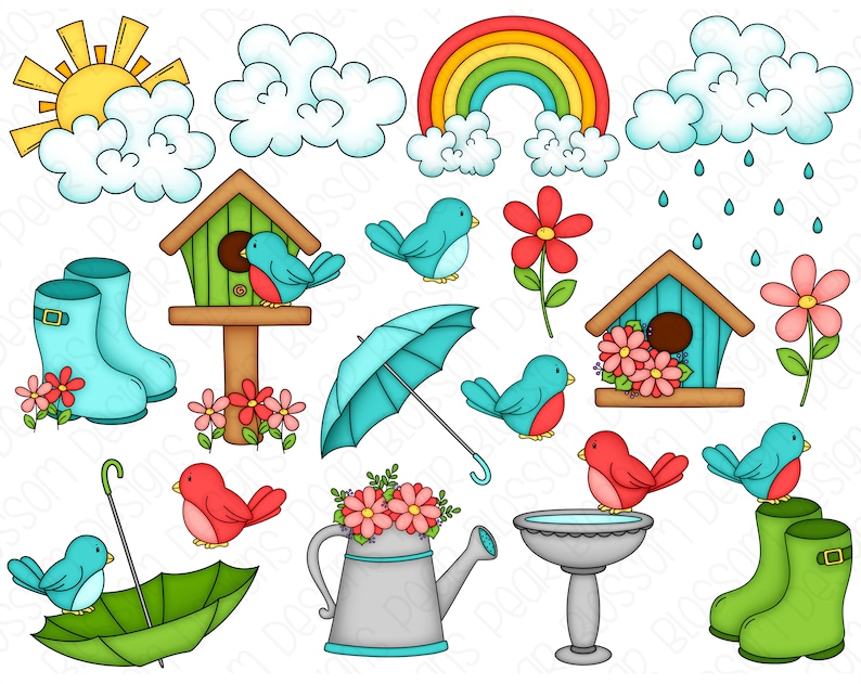 April Showers Clipart Set - Hand Drawn Digital Clipart - Rain, Rainbow ...