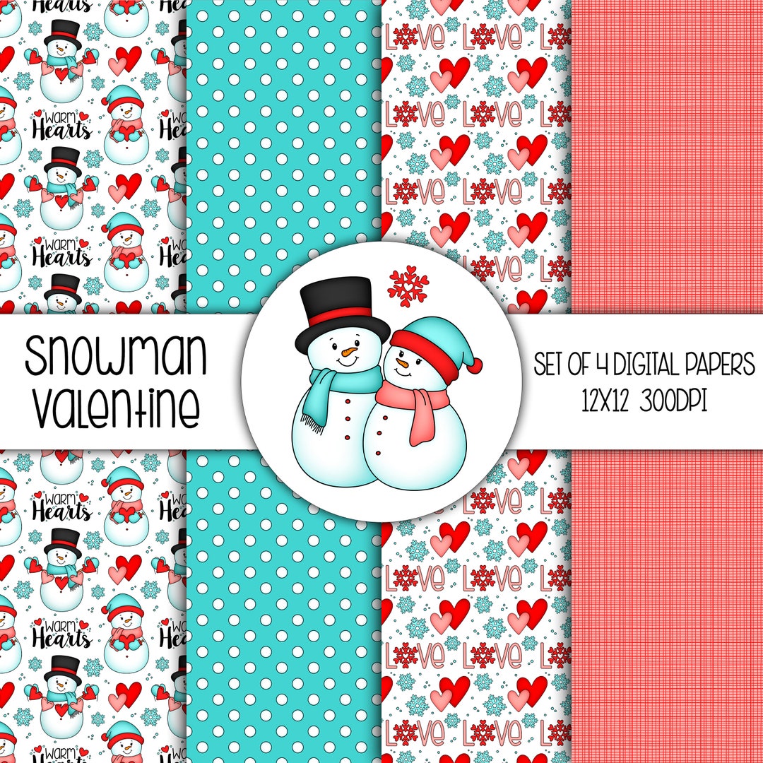 Snowman Valentine Hand Drawn Digital Paper Mini Pack - Set of 4 ...