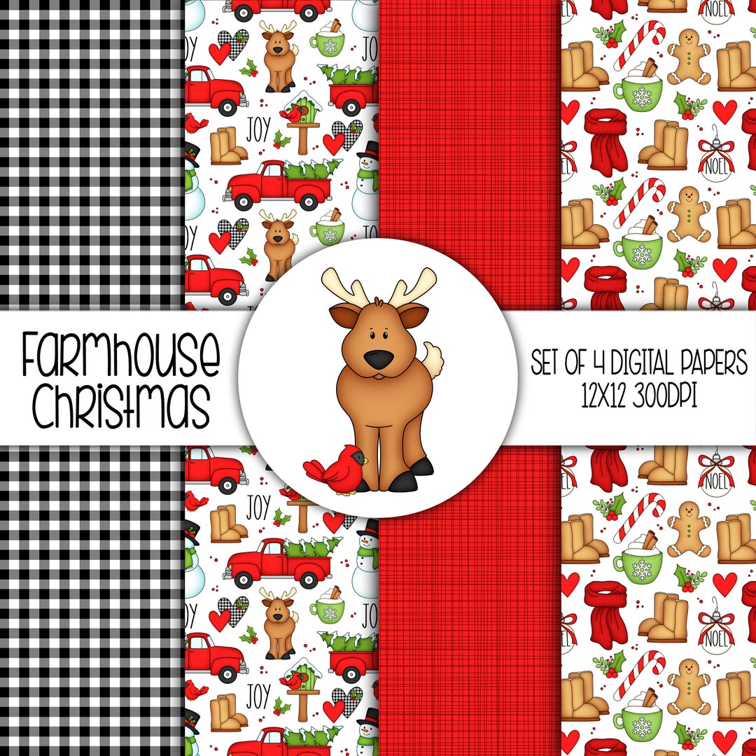 Farmhouse Christmas Hand Drawn Digital Paper Mini Pack - Set of 4 ...