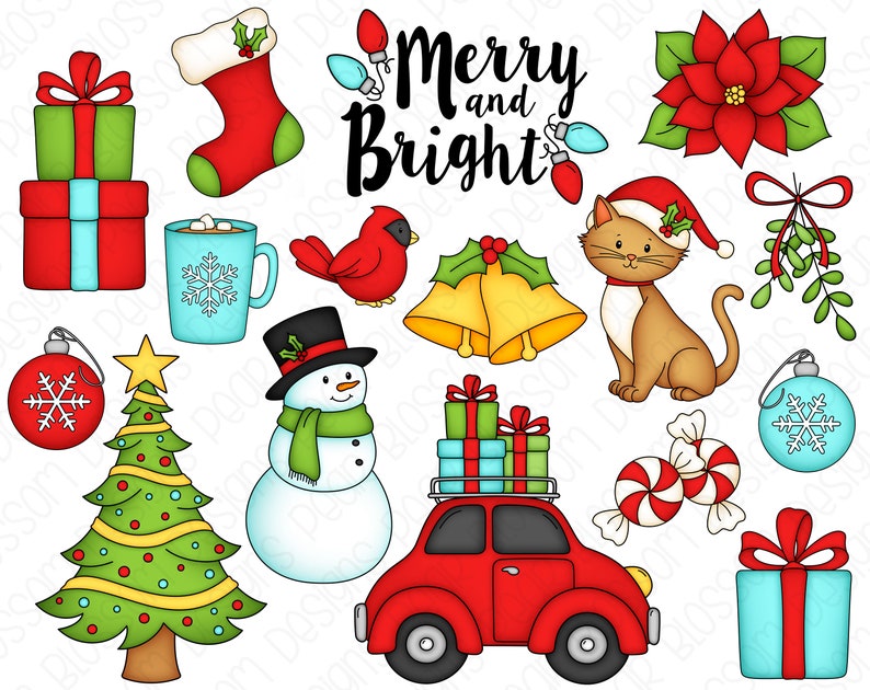 Merry and Bright Christmas Clipart Set Hand Drawn Digital - Etsy