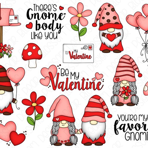 Gnome Valentine Hand Drawn Digital Clipart Set of 15 - Etsy