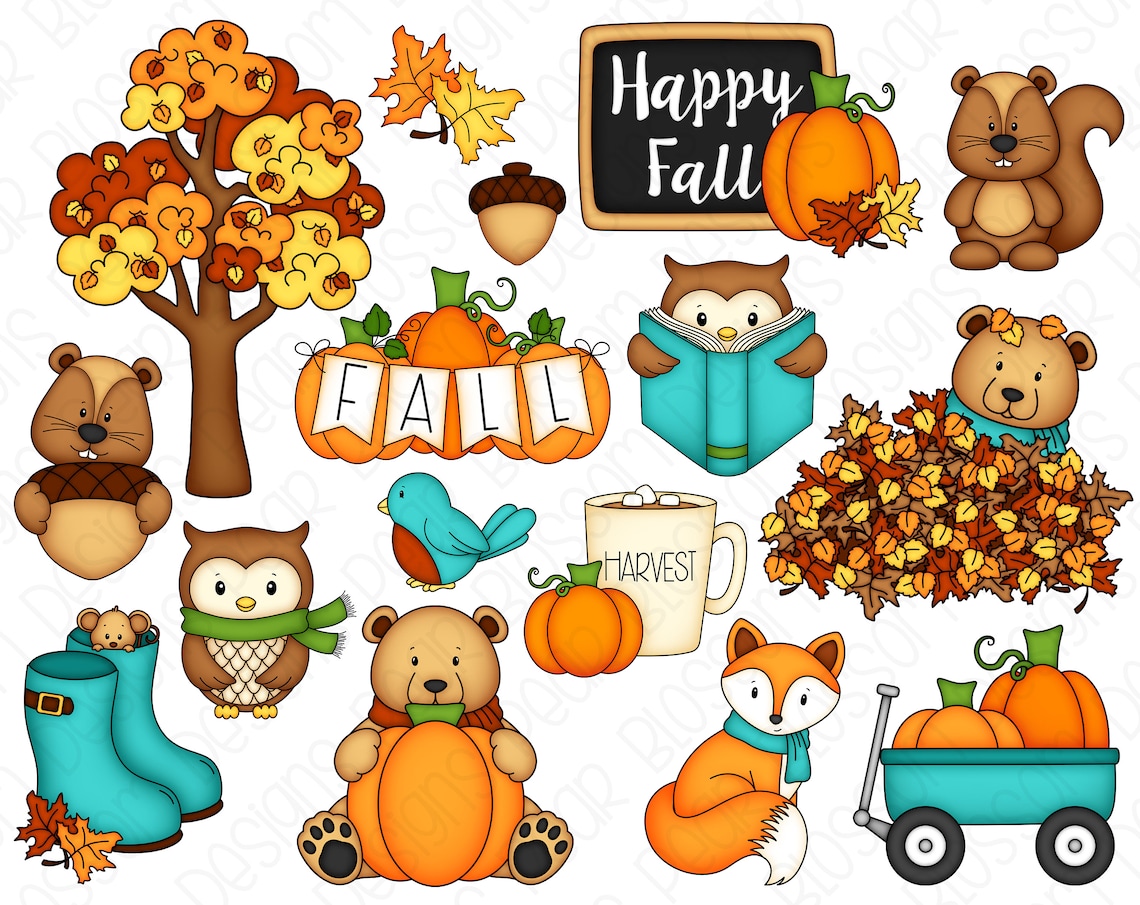 Happy Fall Clipart Set - Hand Drawn Digital Clipart - Squirrel, Bear ...