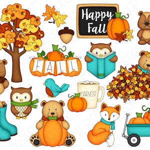 Happy Fall Clipart Set - Hand Drawn Digital Clipart - Squirrel, Bear ...