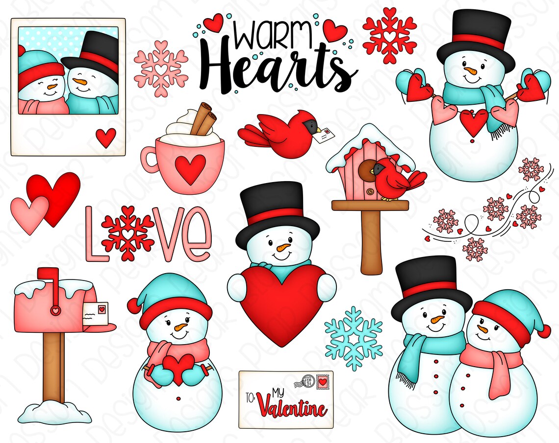 Snowman Valentine Hand Drawn Digital Clipart Set of 17 - Etsy