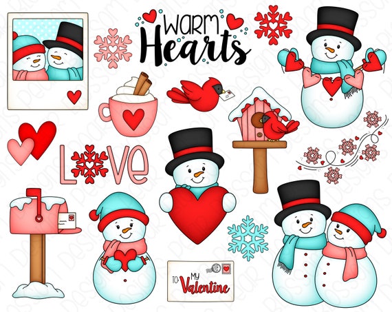 Snowman Valentine Hand Drawn Digital Clipart Set of 17 - Etsy