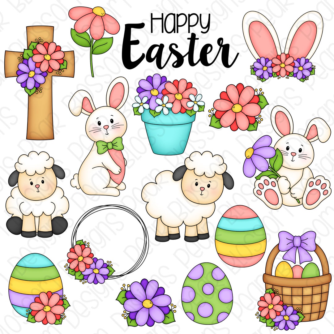Floral Easter Clipart Set - Hand Drawn Digital Clipart - Easter Bunny ...