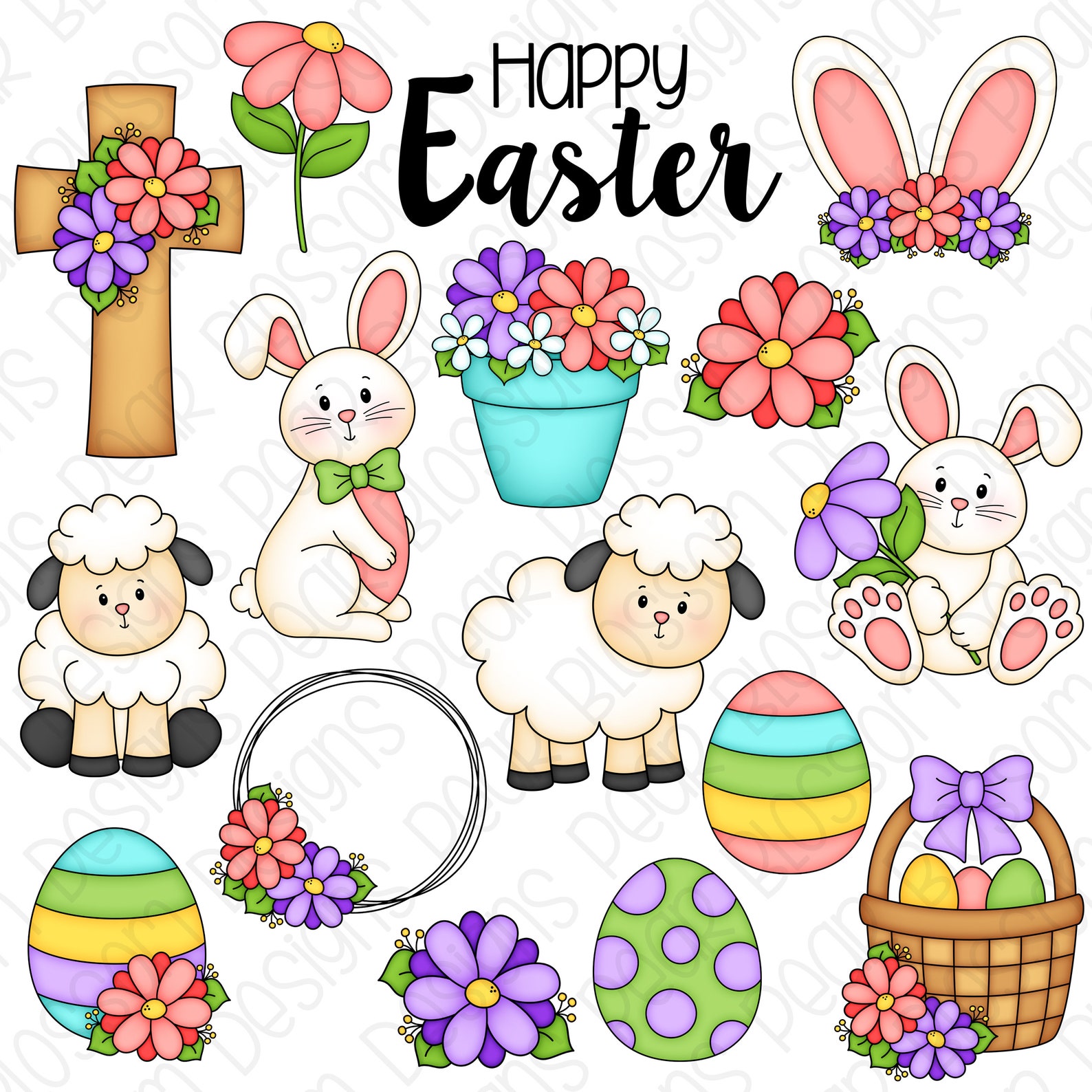 Floral Easter Clipart Set - Hand Drawn Digital Clipart - Easter Bunny ...