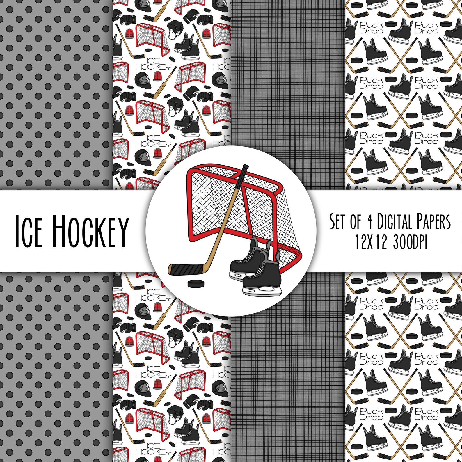 Ice Hockey Hand Drawn Digital Paper Mini Pack #8293 - Set of 4 - Hockey ...
