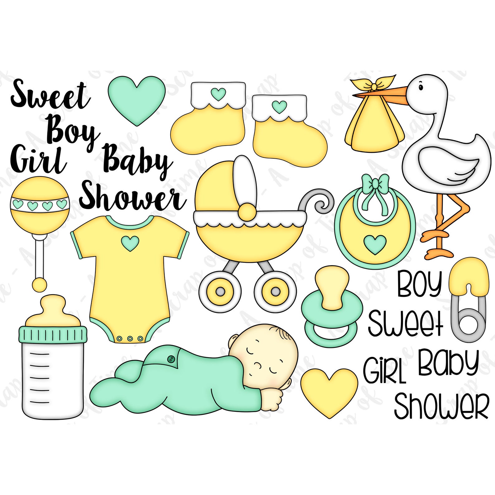 Baby Hand Drawn Digital Clipart - Set of 23 - Stork, Pacifier, Bottle ...