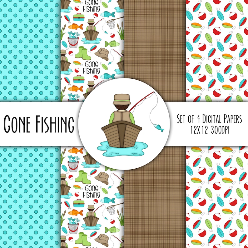 Gone Fishing Hand Drawn Digital Paper Mini Pack 8291 Set of - Etsy
