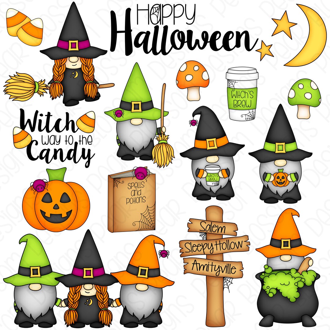 Halloween Gnome Witches Clipart Set - Hand Drawn Digital Clipart ...