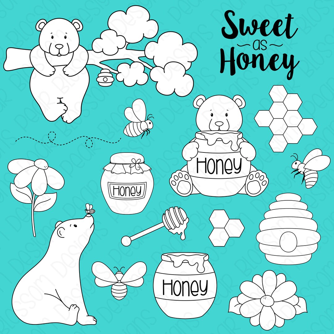 Bear and Honey Bee Digital Stamps, Digistamps, Clipart - Instant ...